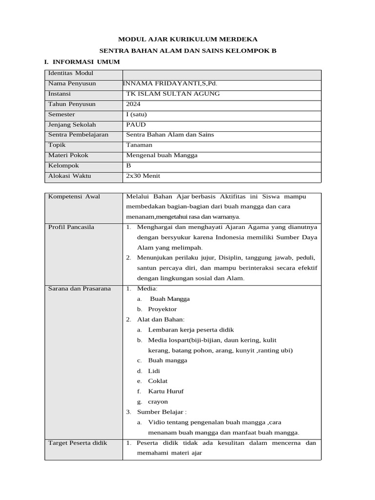 Modul PAUD: Mengenal Buah Mangga | PDF