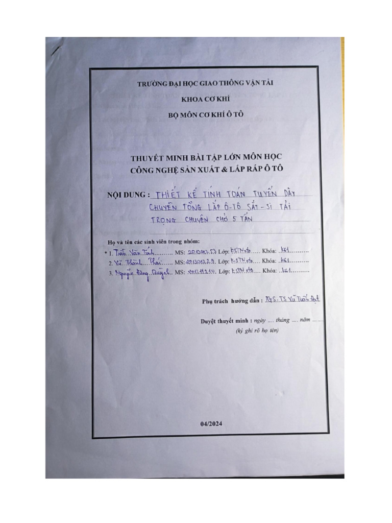 BTL - CNSXLR ô tô - K61 - KSTN - Nhóm10 - Trần Văn Tính | PDF