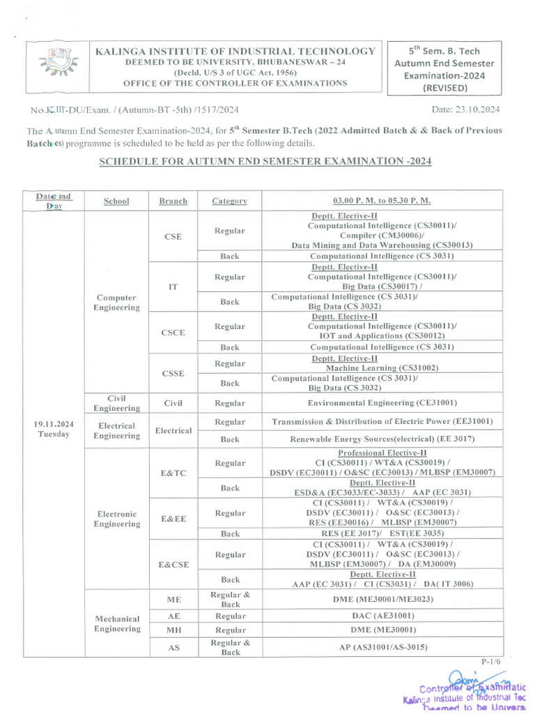 Exam Schedule B.Tech 5th Semester | PDF