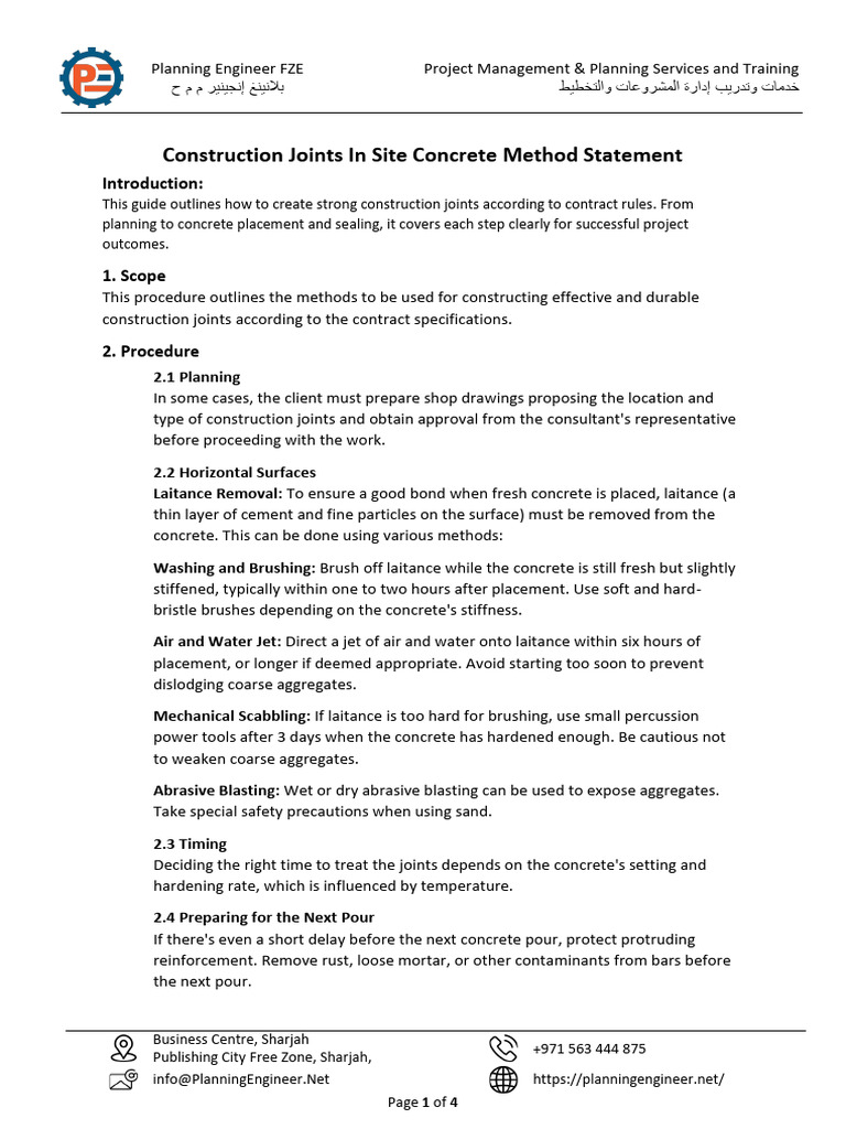 Construction Joints in In-Site Concrete Method Statement | PDF | Concrete | Building Materials