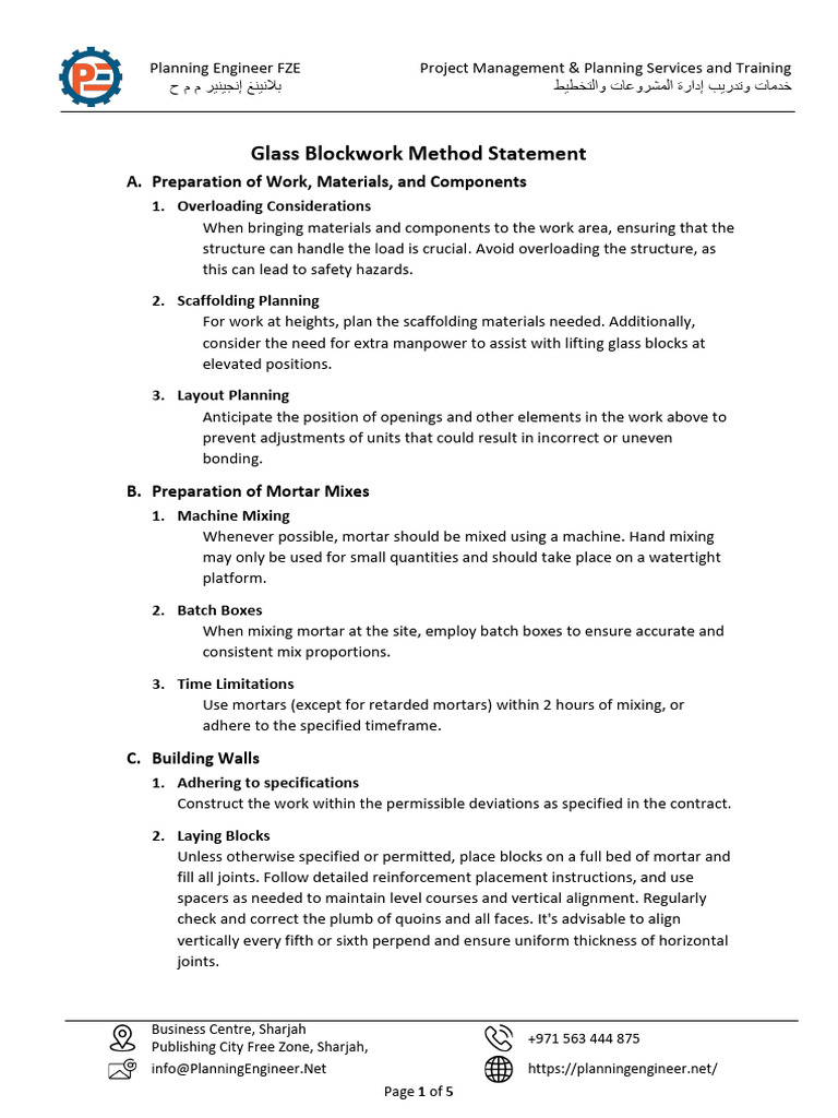Glass Blockwork Method Statement | PDF | Specification (Technical Standard) | Building Engineering