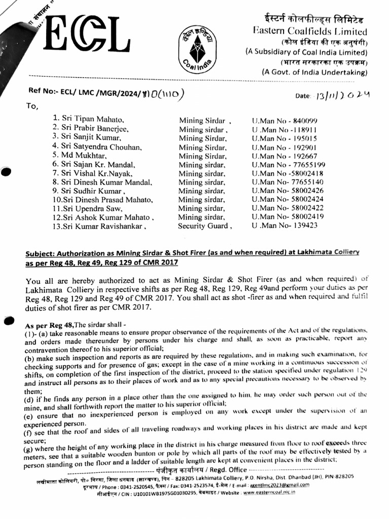Mining Sirdar Authorization Notice | PDF | Mining | Coal Mining