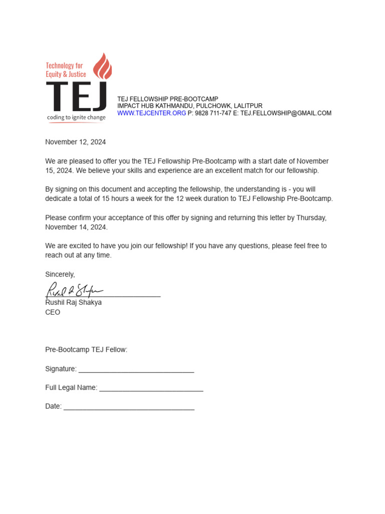 TEJ Fellowship Pre-Bootcamp Offer | PDF