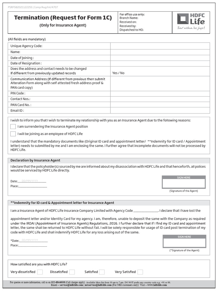 Termination (Request For Form 1C) | PDF | Insurance | Identity Document