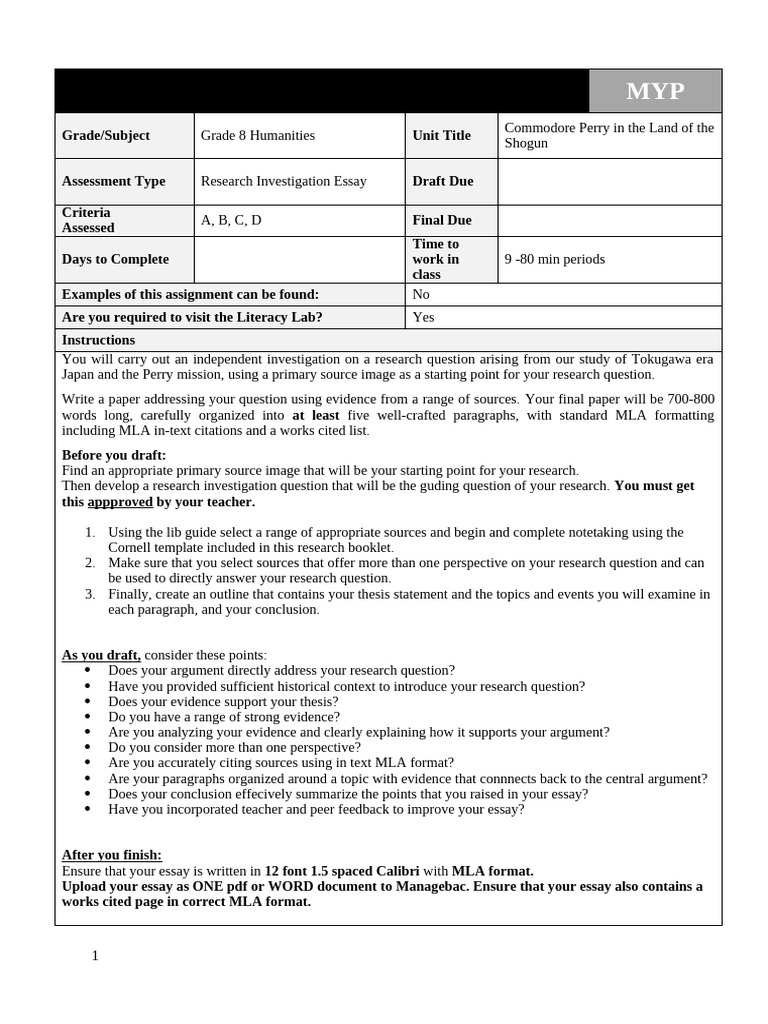Grade 8 Humanities-Unit 1 - Research Investigation Assessment Tokugawa ...