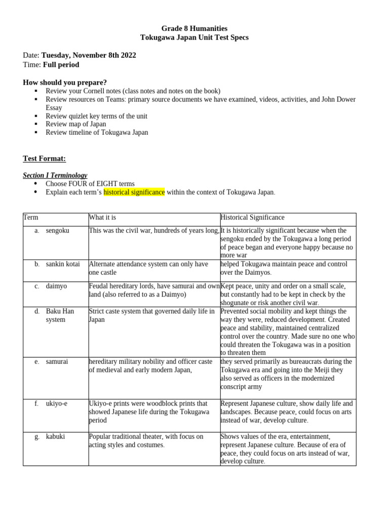 Tokugawa Humanities Test Prep 2 | PDF | Empire Of Japan | Japan