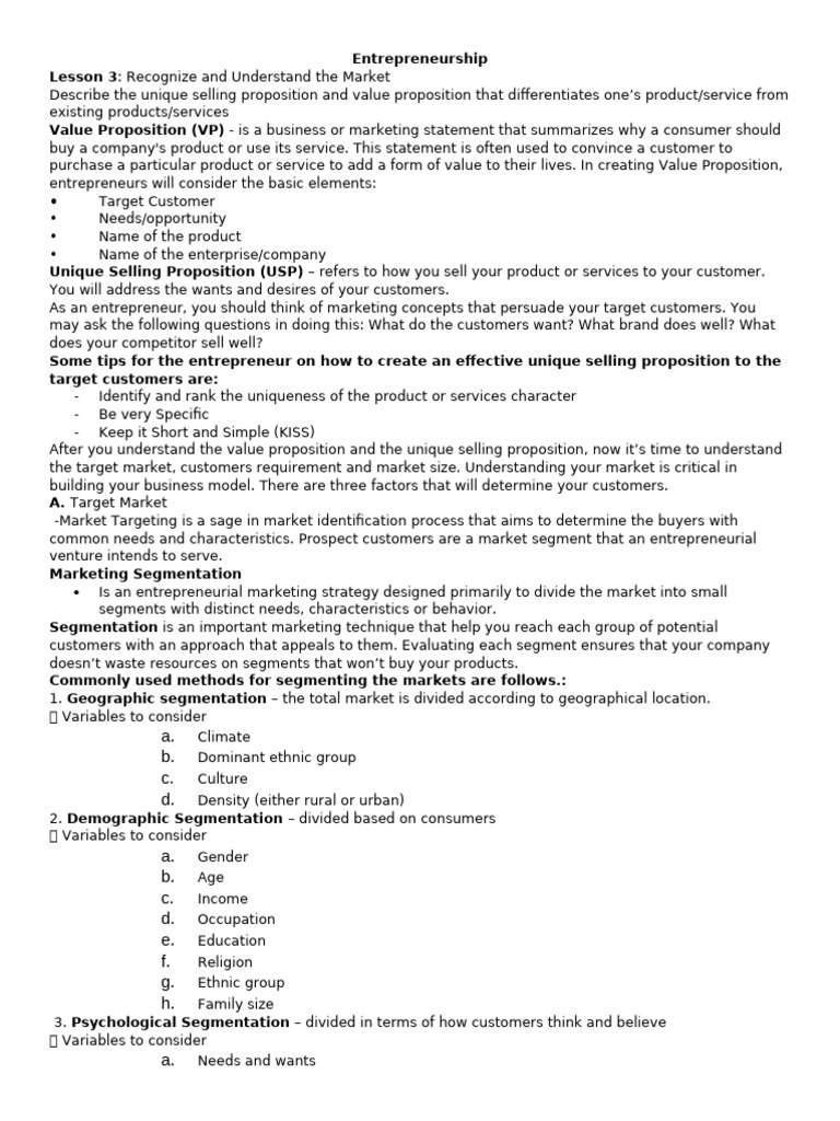 Entrepreneurship Lesson 3 | PDF | Market Segmentation | Marketing