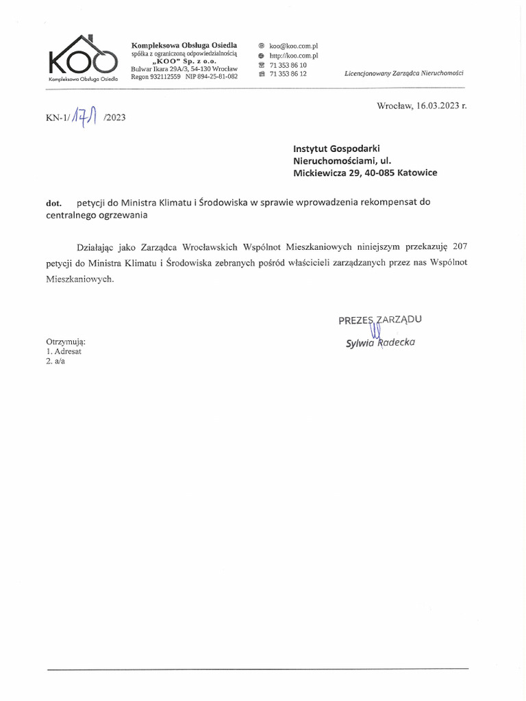 Kompleksowa Obsluga Osiedla Sp. Z O.O. We Wroclawiu | PDF