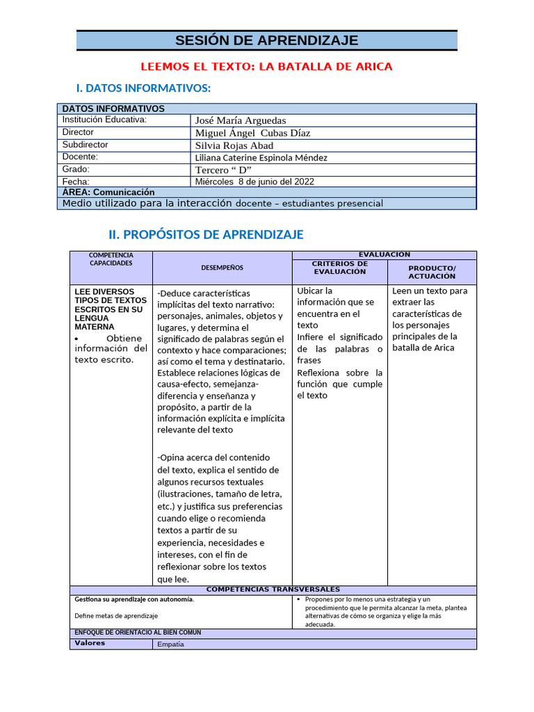 Sesión 8-6-22-Com - Leemos El Texto La Batalla de Arica | PDF | Evaluación | Aprendizaje