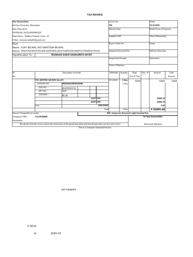 Star Automobiles Tax Invoice 2024 | PDF | Invoice | Payments