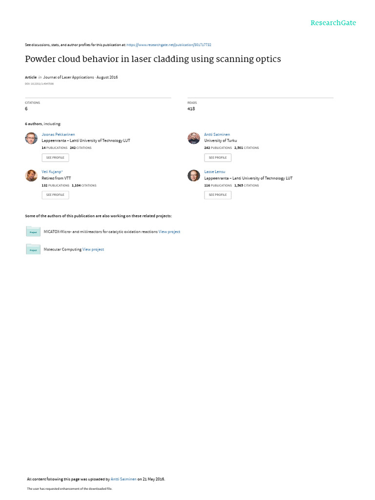 Powder Cloud Behavior in Laser Cladding Using Scan | PDF | Laser | Cloud