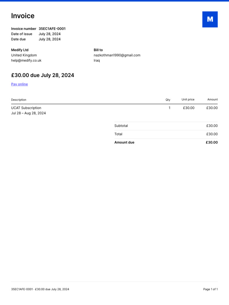 UCAT Subscription Invoice - £30 Due | PDF