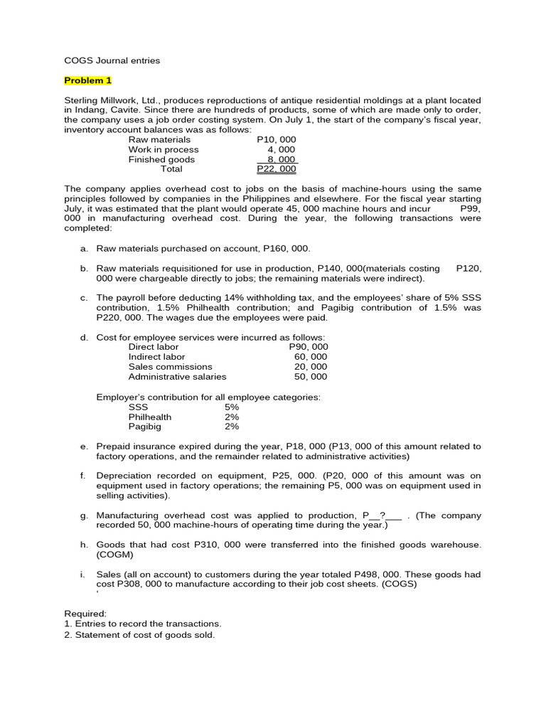Problems - Cogs-Journalentries - Nov-14 - B and A | PDF | Cost Of Goods ...