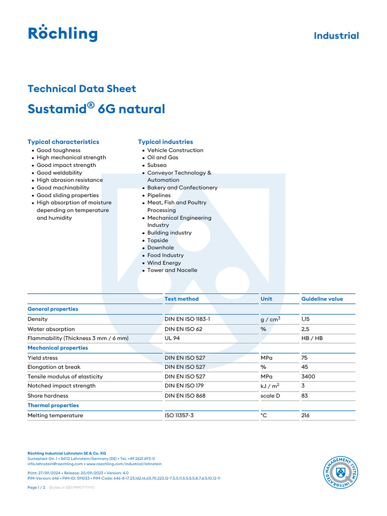 Technical Data Sheet Sustamid® 6G Natural 591033 PL | PDF | Strength Of ...