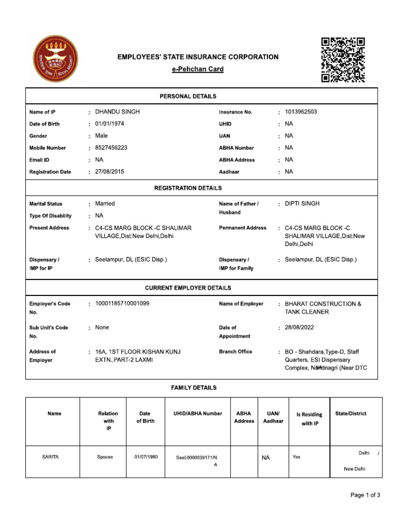 Dhandu Singh Esic Card | PDF