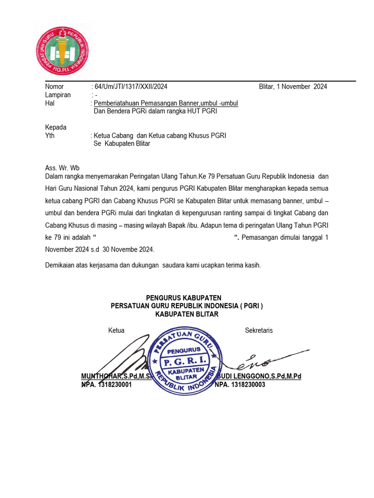 Pemberitahuan Pemasangan Banner HUT PGRI | PDF