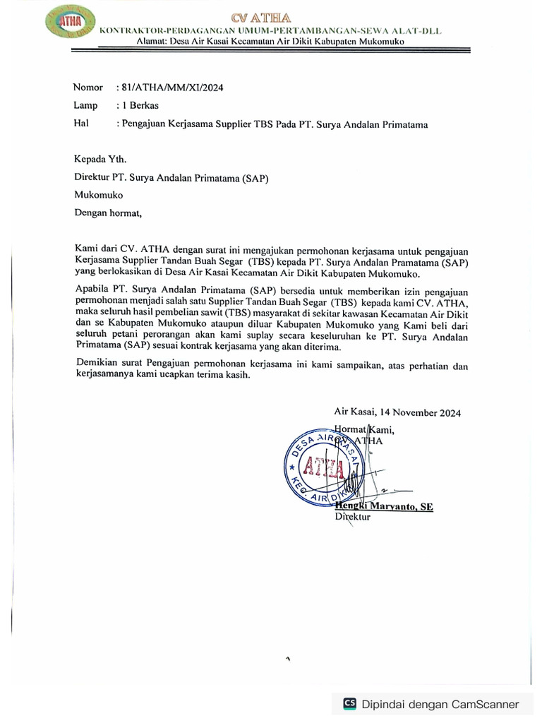Pengajuan Kerjasama Supplier TBS CV ATHA | PDF
