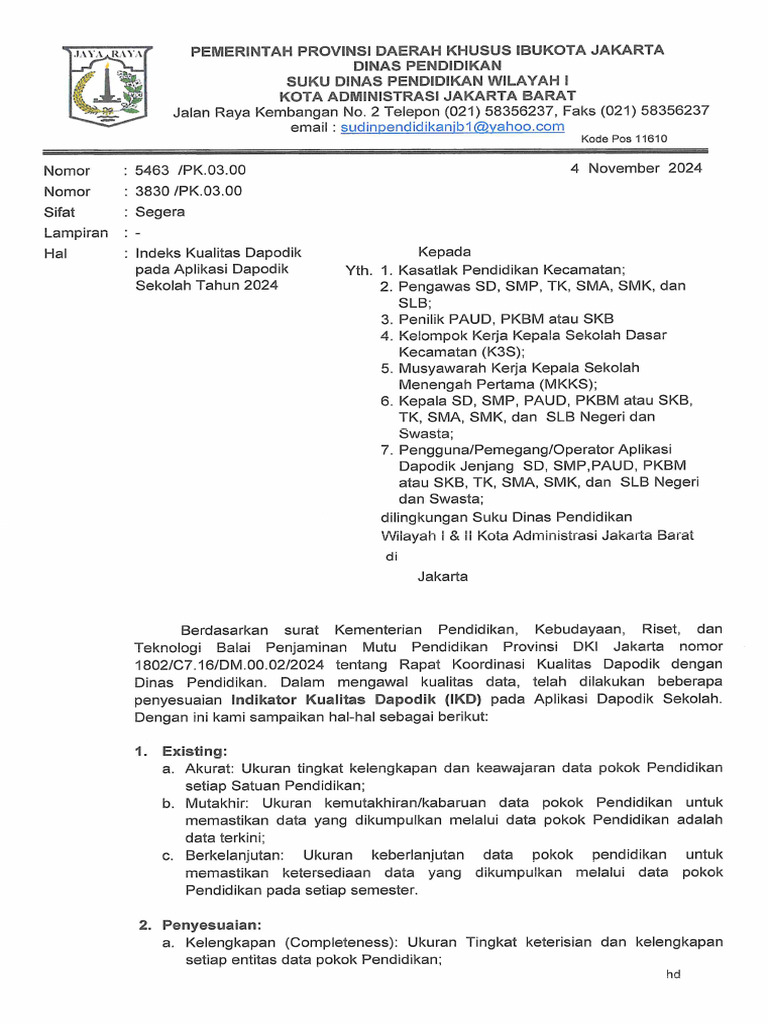 Surat Indeks Kualitas Dapodik Tahun 2024 | PDF