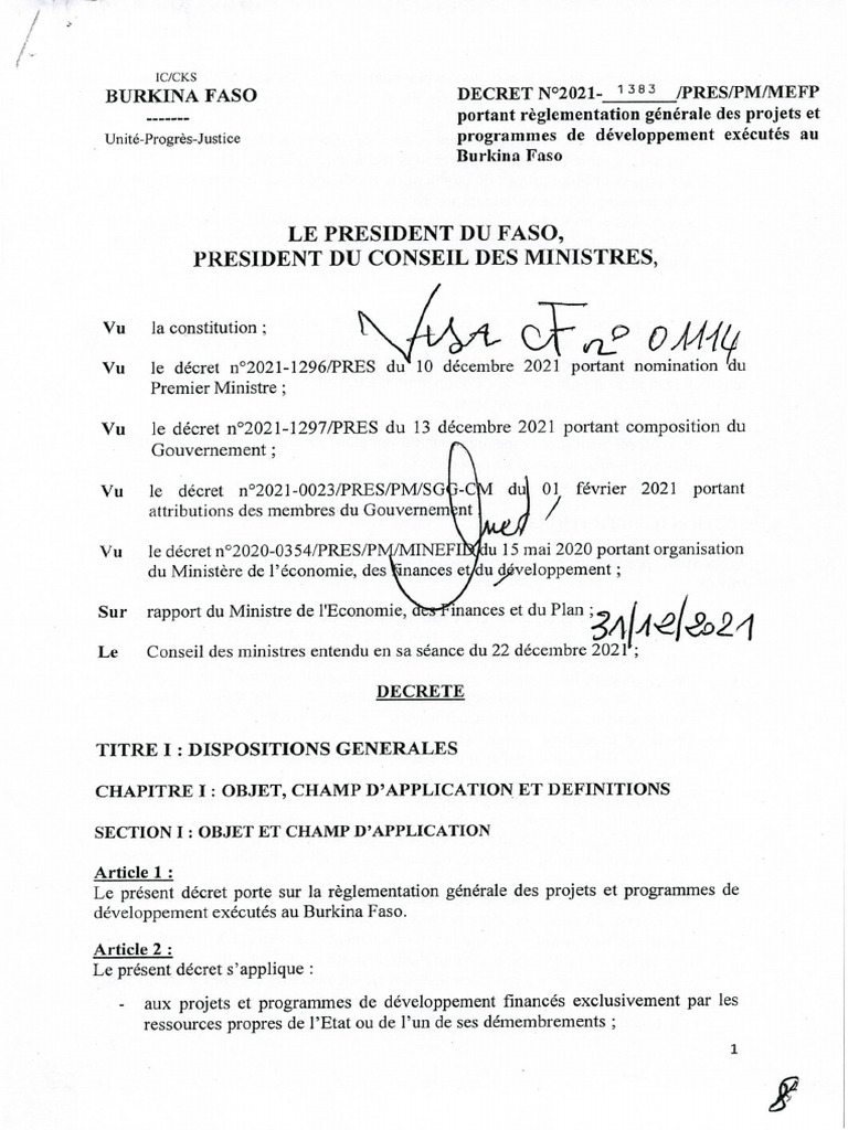 Decret N°2021 1383 - PRES - PM - MEFP Portant Reglementation Generale ...