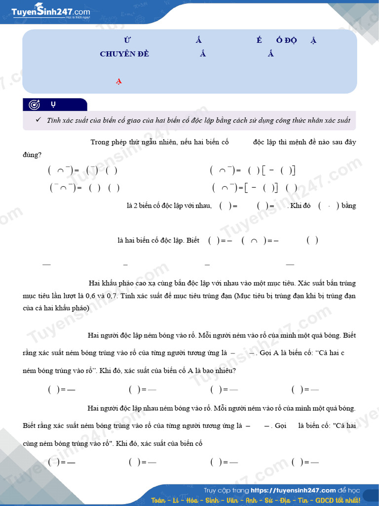 De-Thi-Btvn-Cong-Thuc-Nhan-Xac-Suat-Cho-Hai-Bien-Co-Doc-Lap-1711529531 | PDF