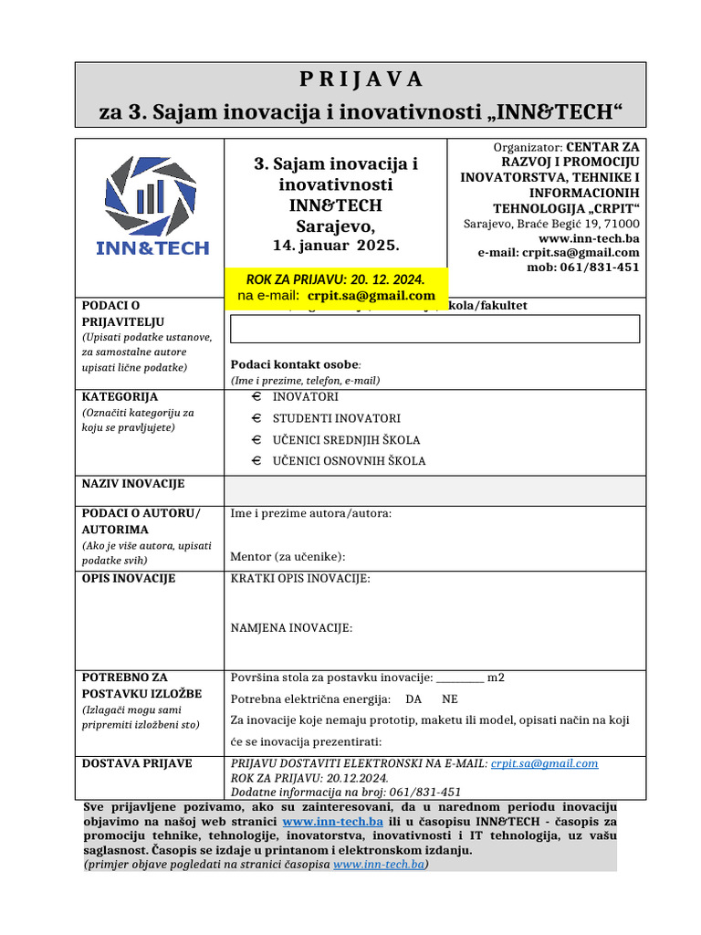 Prijavni Obrazac Za 3 Sajam Inovacija INNTECH 5 | PDF