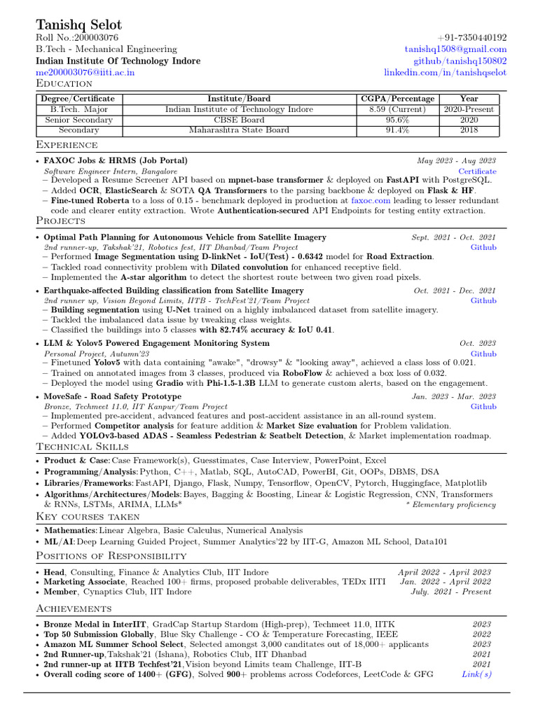 Tanishq Selot CV | PDF | Image Segmentation | Computing