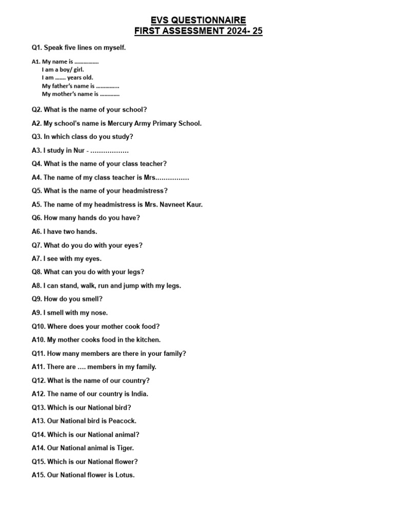 EVS Questionnaire for Primary Students | PDF