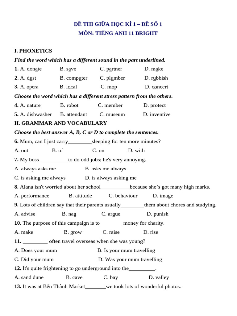 De Thi Giua Ki 1 Tieng Anh 11 Bright de So 1 1697707276 | PDF | Language Arts & Discipline