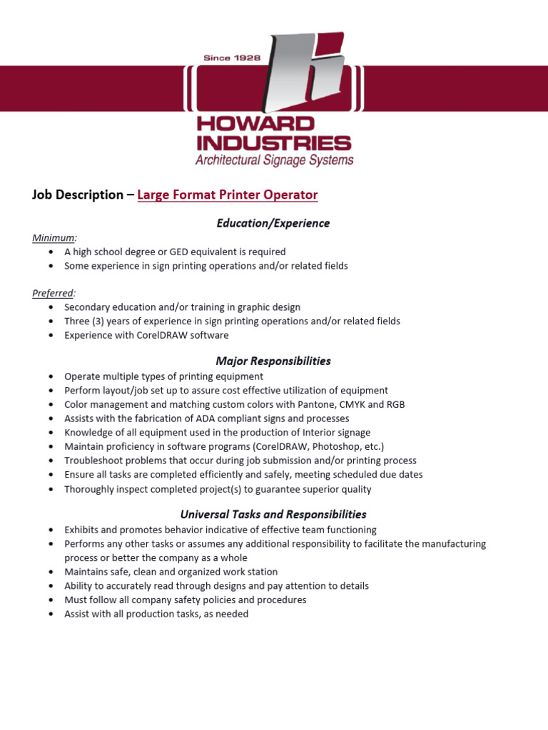 Large Format Printer Operator | PDF | Art