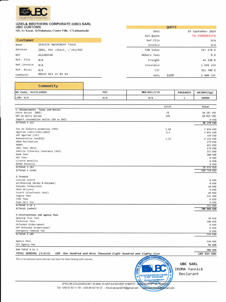 UBC Customs Quotation Summary | PDF | Government Finances | Business