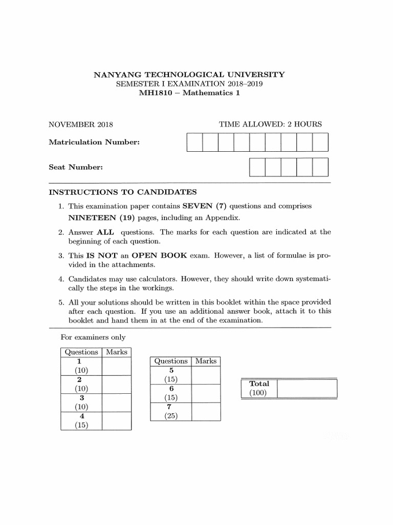 MH1810 2018-2019 Semester 1 | PDF