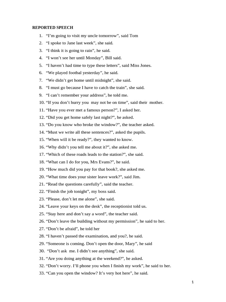 Reported Speech - Exercises | PDF