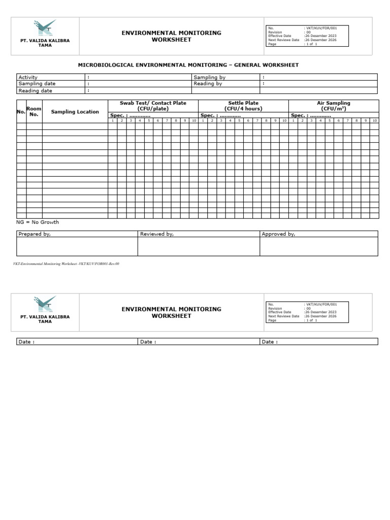 VKT - KUV - FOR - 001 - Environmental Monitoring Worksheet | PDF ...