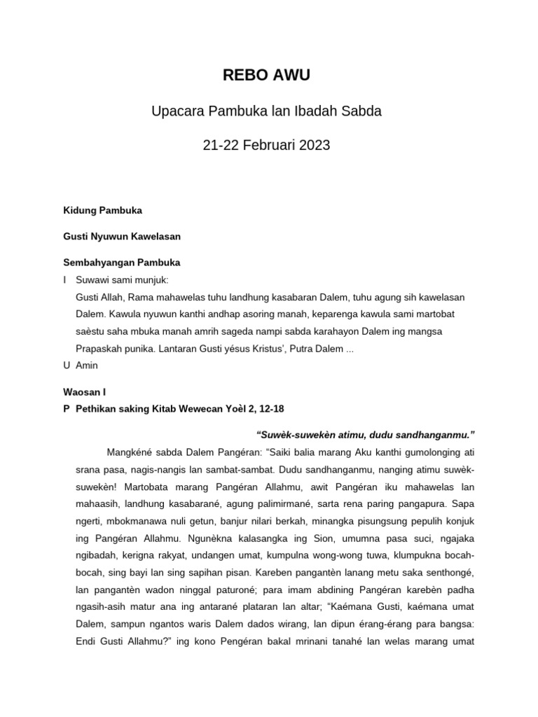 Teks Misa Rebo Awu Boro 2023 | PDF