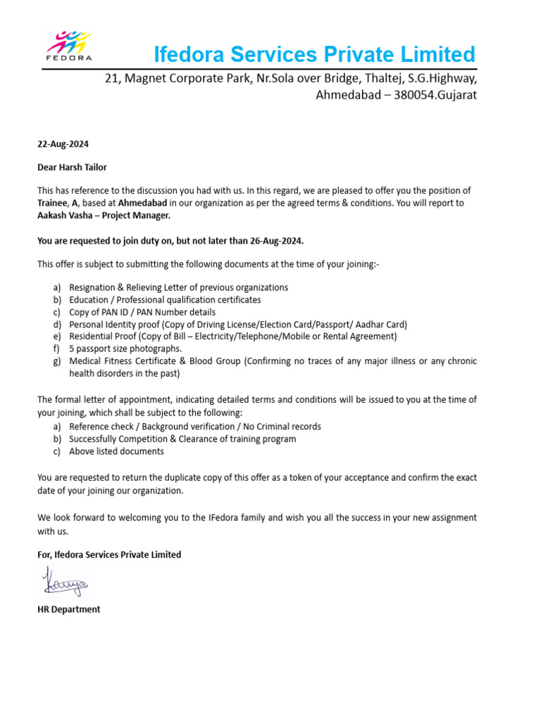 Offer Letter for Trainee Position | PDF | Payments | Government Finances
