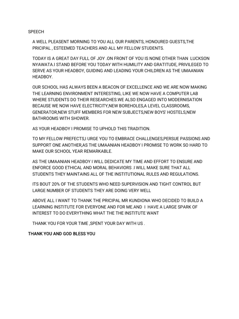 Headboy Speech | PDF | Social Science | Lifestyle