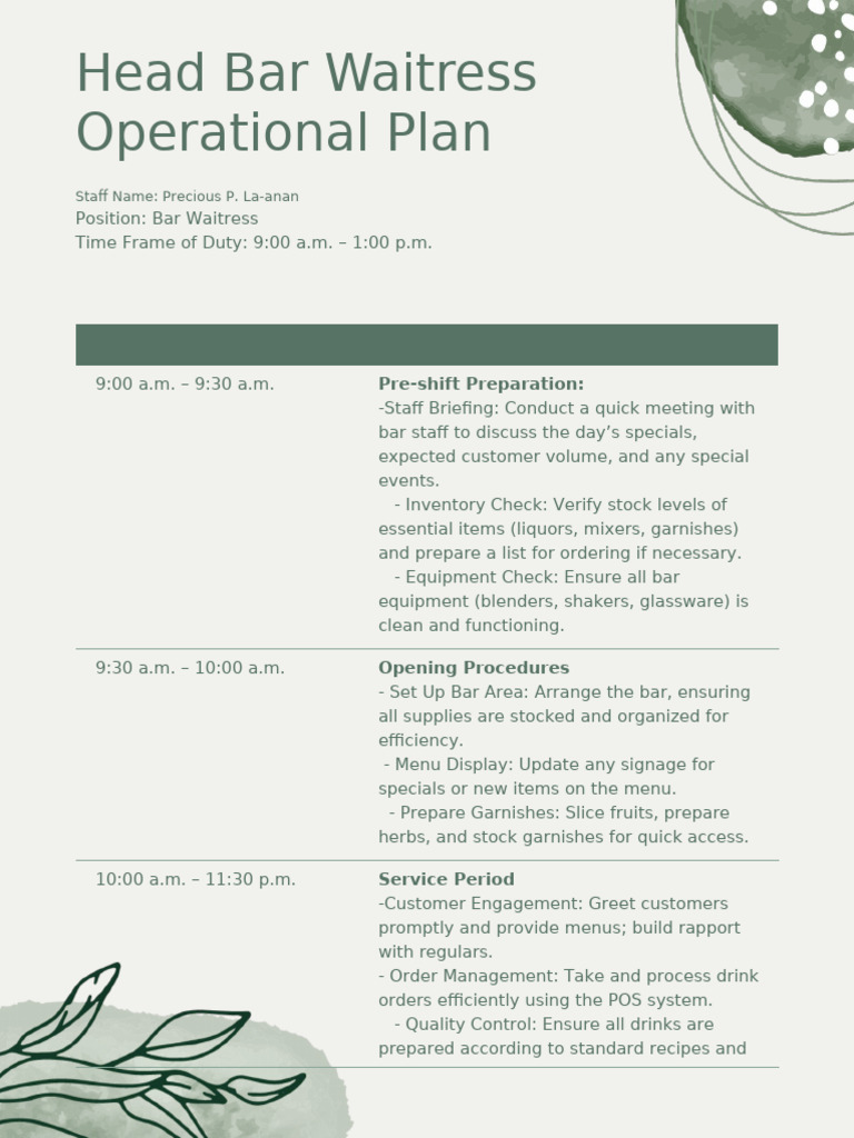 Head Bar-Waitress-Operational-Plan (La-Anan) | PDF | Menu | Point Of Sale