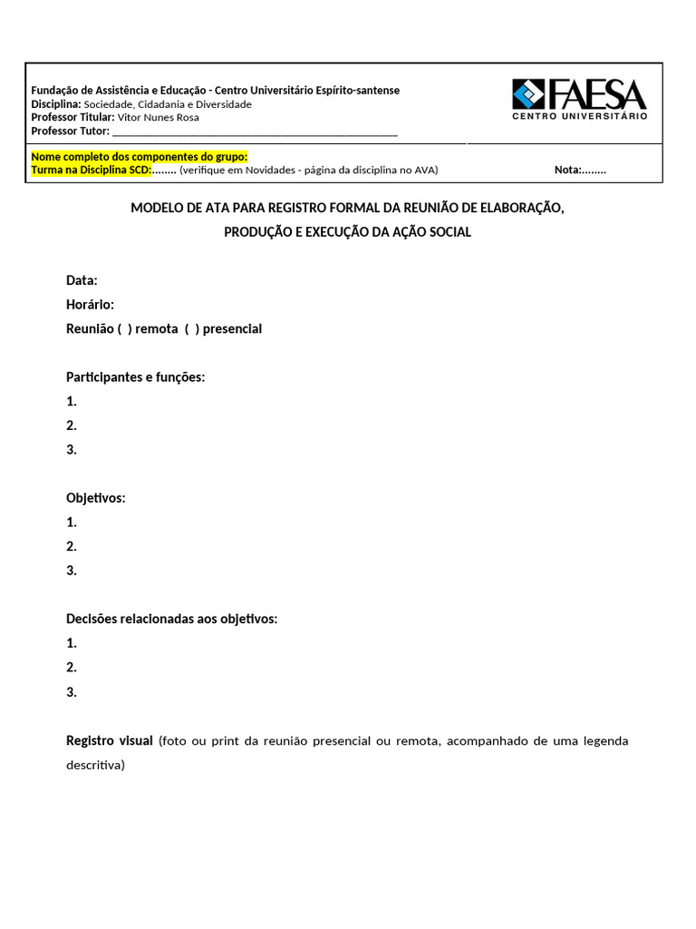 Modelo de Ata Da Reunião - Ação Social SCD 2024-2 | PDF | Arte