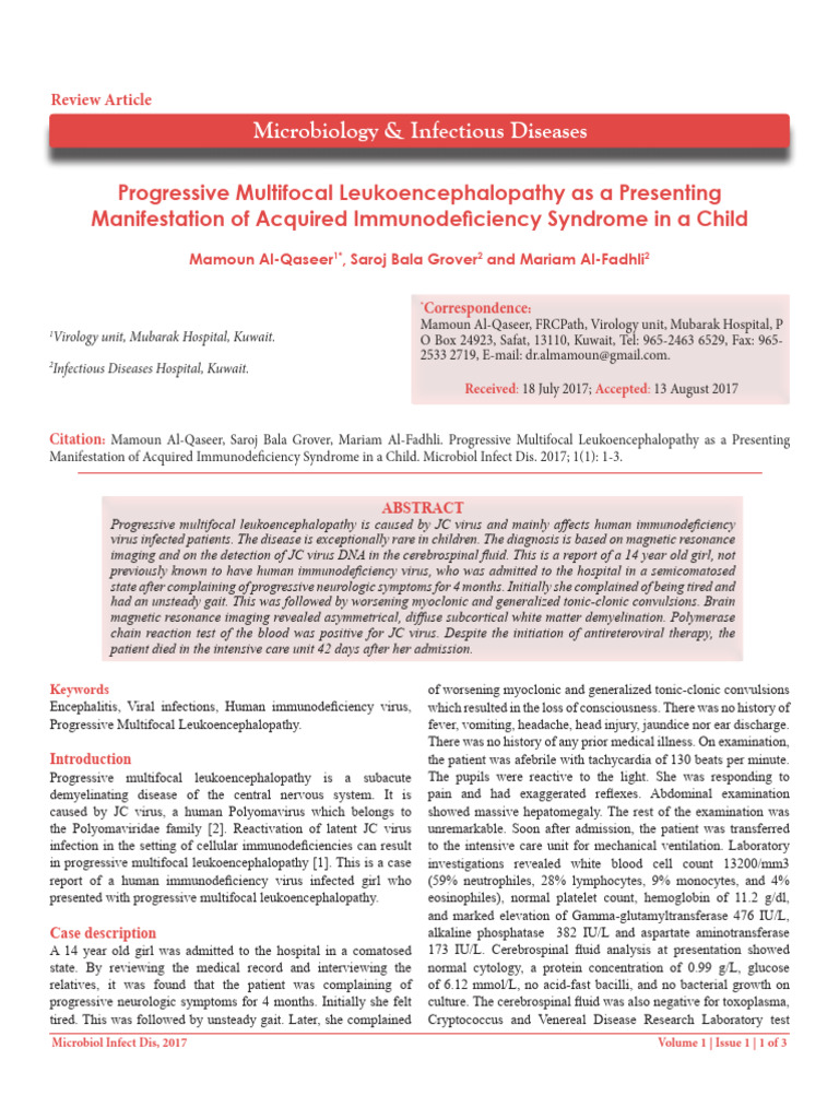 Progressive Multifocal Leukoencephalopathy As A Presenting Manifestation of Acquired ...