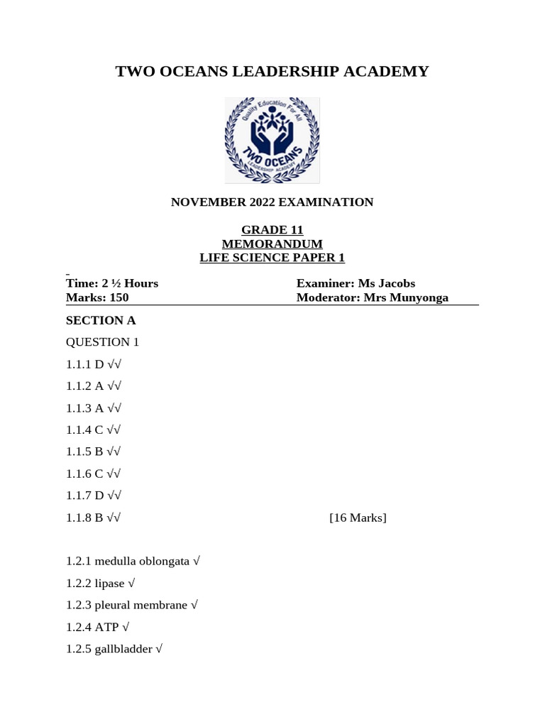 Grade 11 Life Science Nov Exam P1 2022 MEMO | PDF | Glucose | Pancreas
