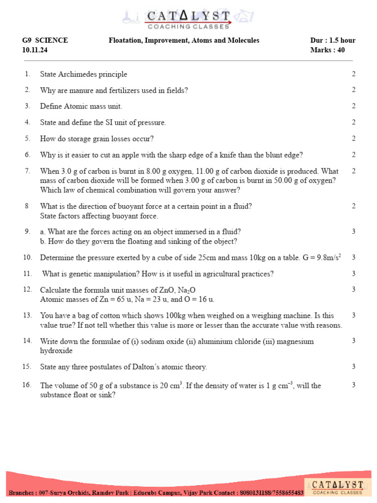 G9 SCIENCE Floatation. Improvement, Atoms and Molecules | PDF | Science ...