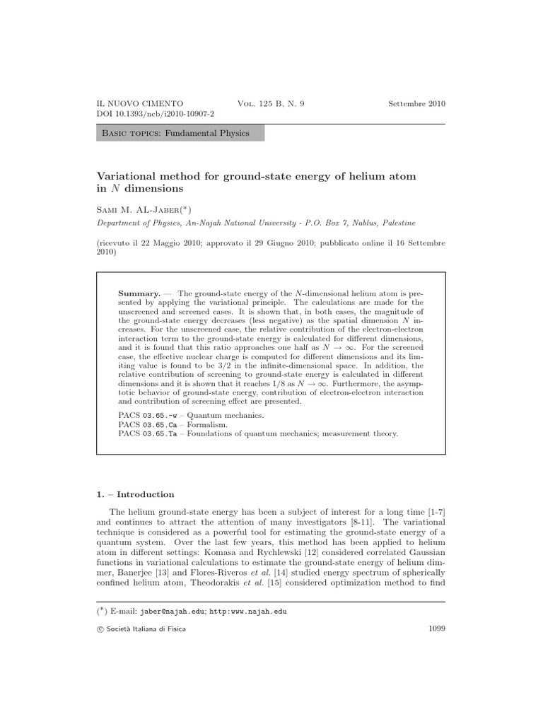 Variational Method For Ground-State Energy of Helium Atom in N Dimensions | PDF | Electron | Atoms