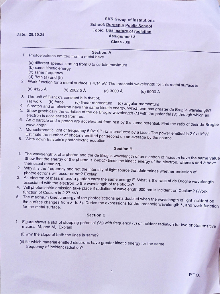 Dual Nature Assignment 3 | PDF | Photoelectric Effect | Electromagnetic Radiation