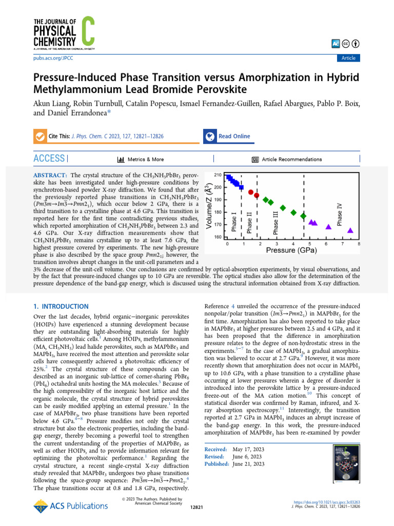 Liang Et Al 2023 Pressure Induced Phase Transition Versus Amorphization in Hybrid Methylammonium ...