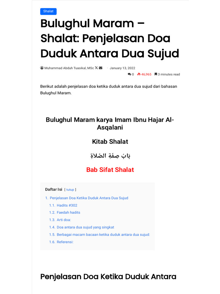 Bulughul Maram - Shalat: Penjelasan Doa Duduk Antara Dua Sujud | PDF