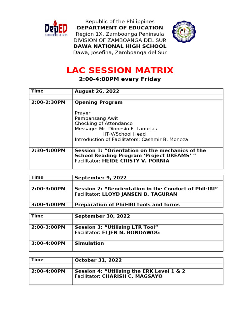 Lac Session Matrix 2022 | PDF