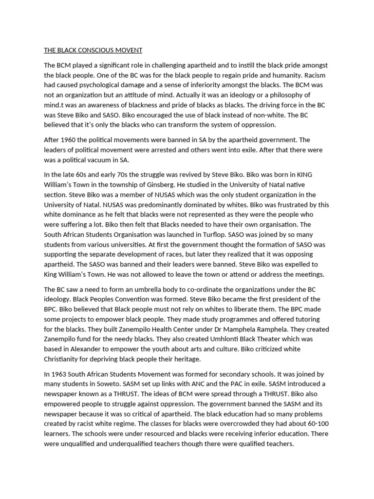The Black Consciousness Movement Overview | PDF | Politics Of South ...