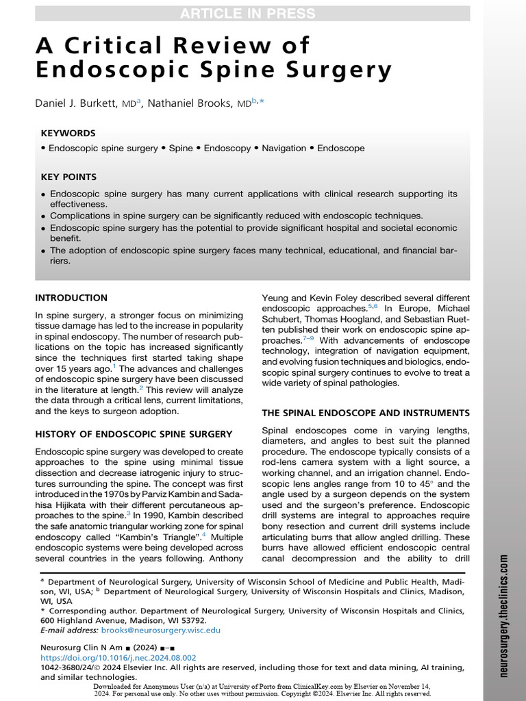 2024 - A Critical Review of Endoscopic Spine Surgery | PDF | Surgery ...