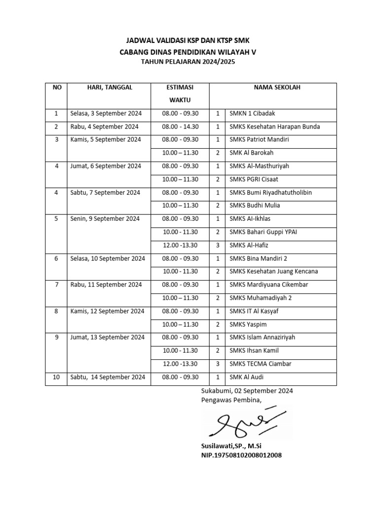 Jadwal Revisi Validasi KSP, KTSP SMK 2024 | PDF