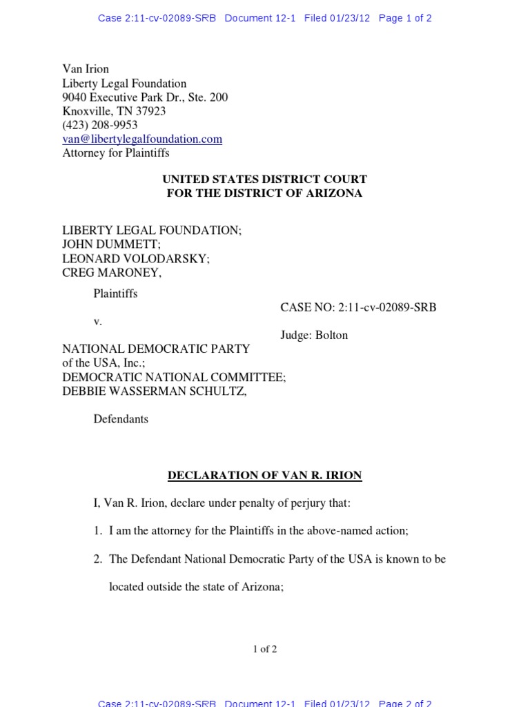 Declaration of Van R. Irion in Case 2:11-cv-02089-SRB | PDF